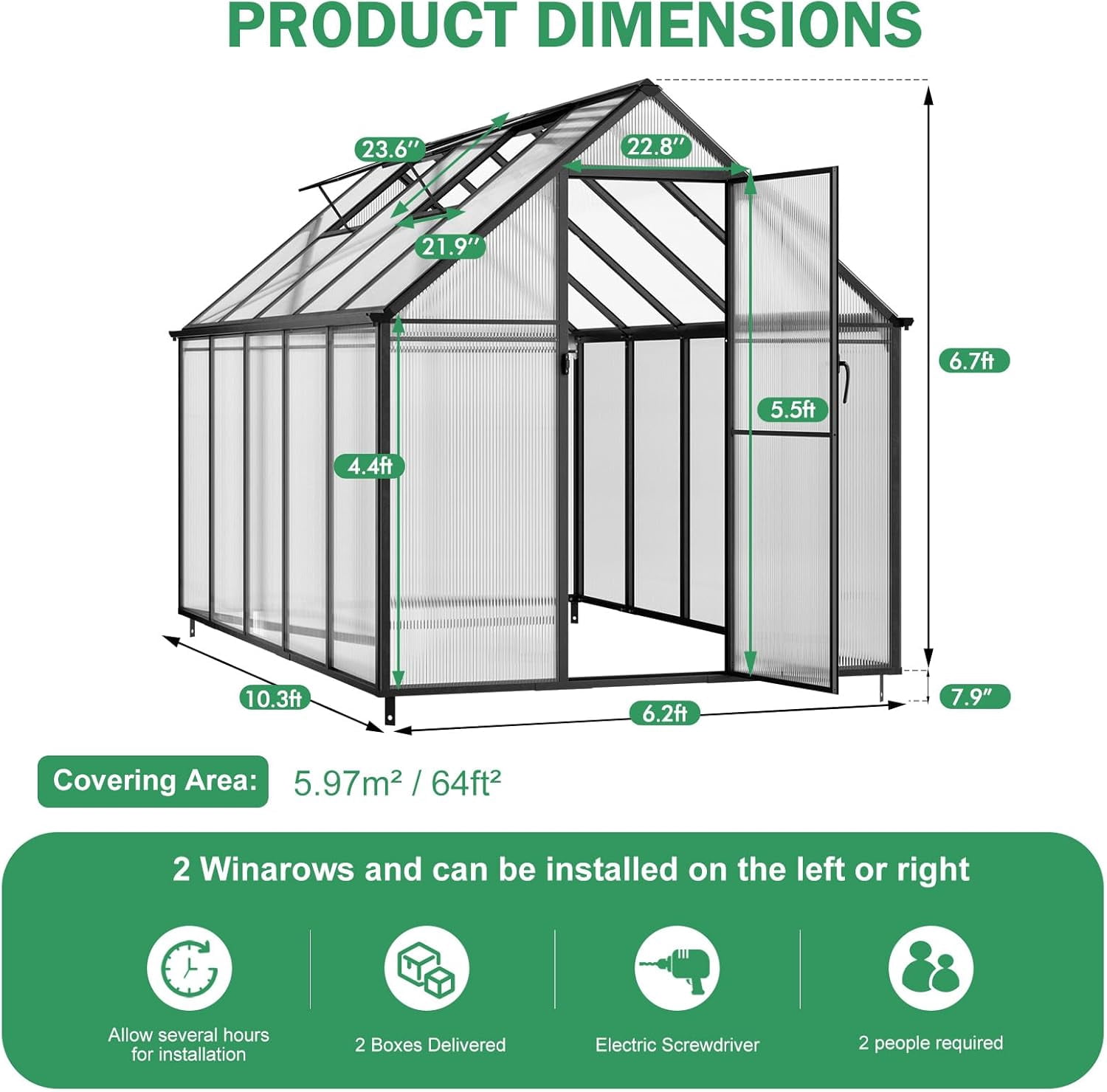 Walk-in Greenhouse with Vent Windows & Swing Door, 10.3x6.2 FT Aluminum ...