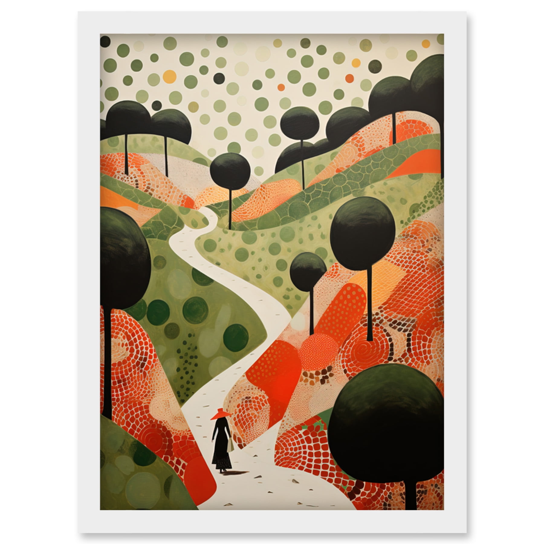 Walk on the Countryside Hill Path Folk Art Oil Painting Red Orange ...