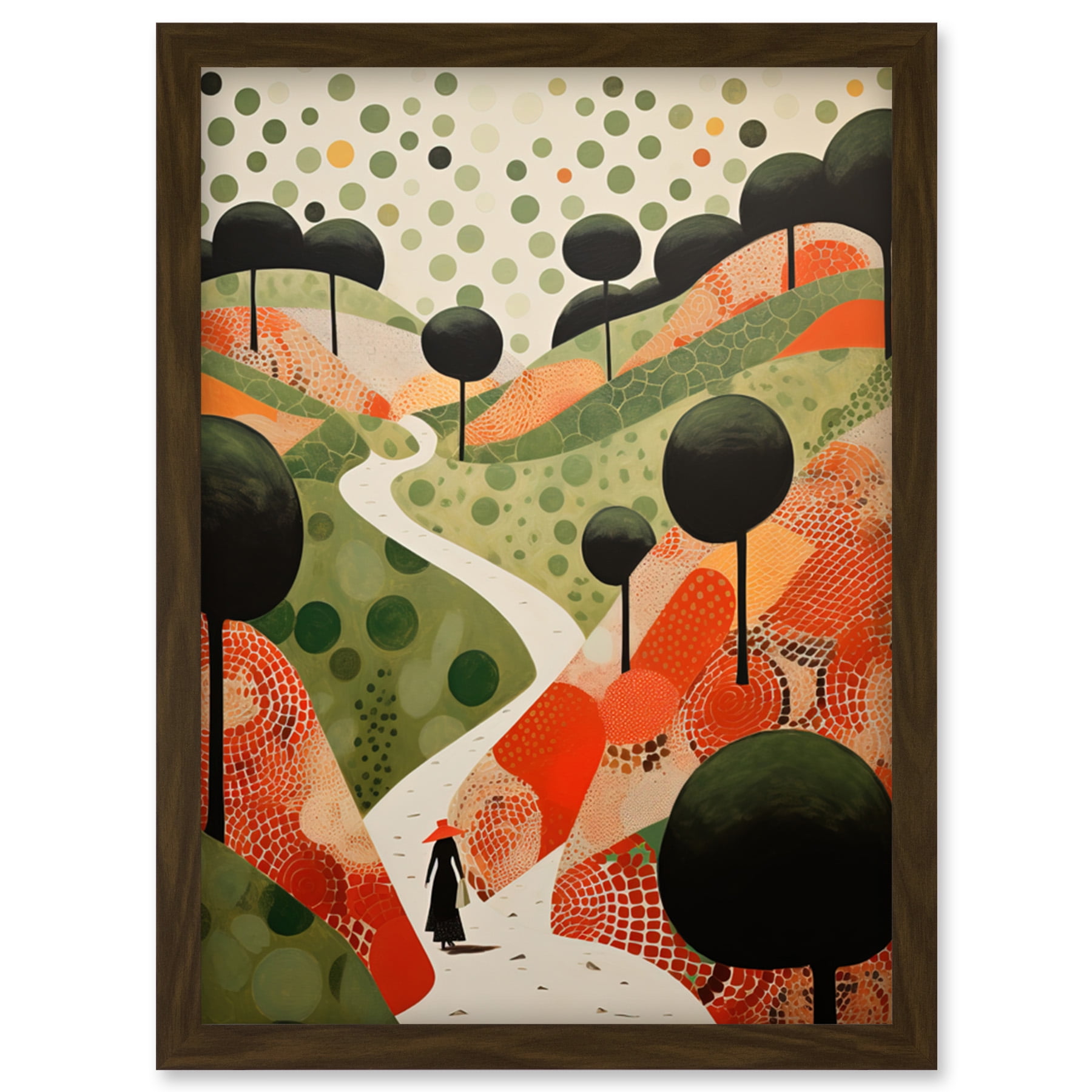 Walk on the Countryside Hill Path Folk Art Oil Painting Red Orange ...