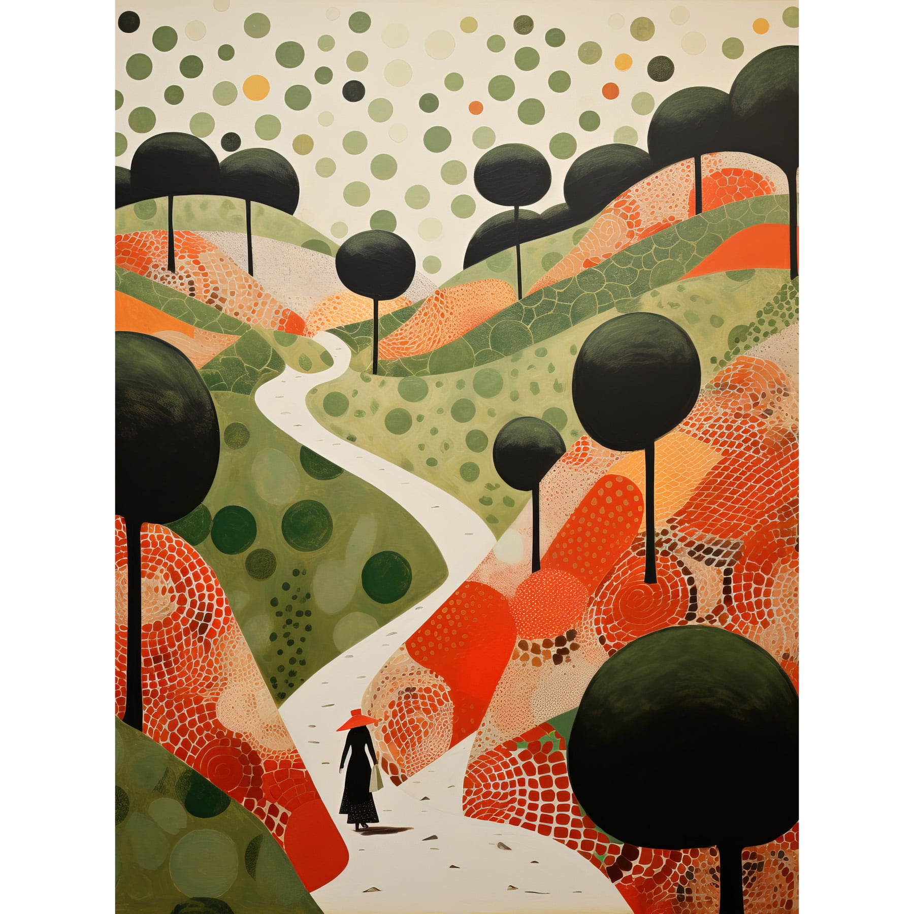 Walk on the Countryside Hill Path Folk Art Oil Painting Red Orange ...