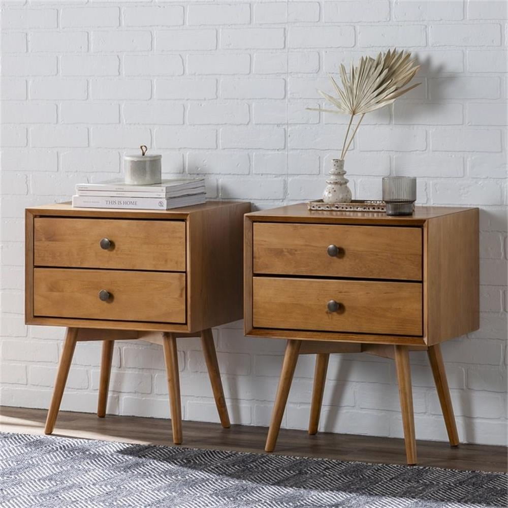 Walker Edison 2-Drawer Solid Pine Wood Nightstand Set, Mid-Century ...