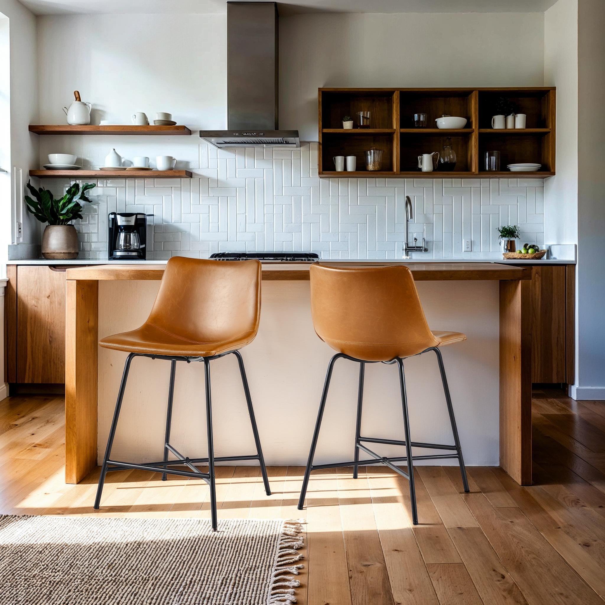 Walker Edison Urban Faux Leather Counter Stool, Set of 2, Whiskey Brown ...