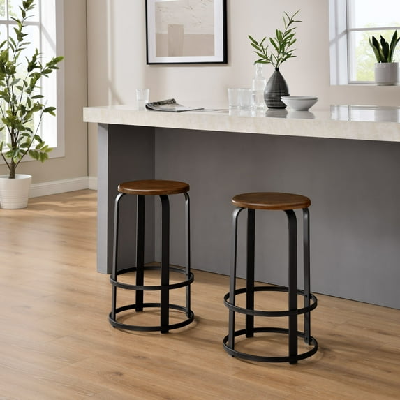 Walker Edison 26" Metal and Wood Round Kitchen Bar Stools - Dark Coffee ...