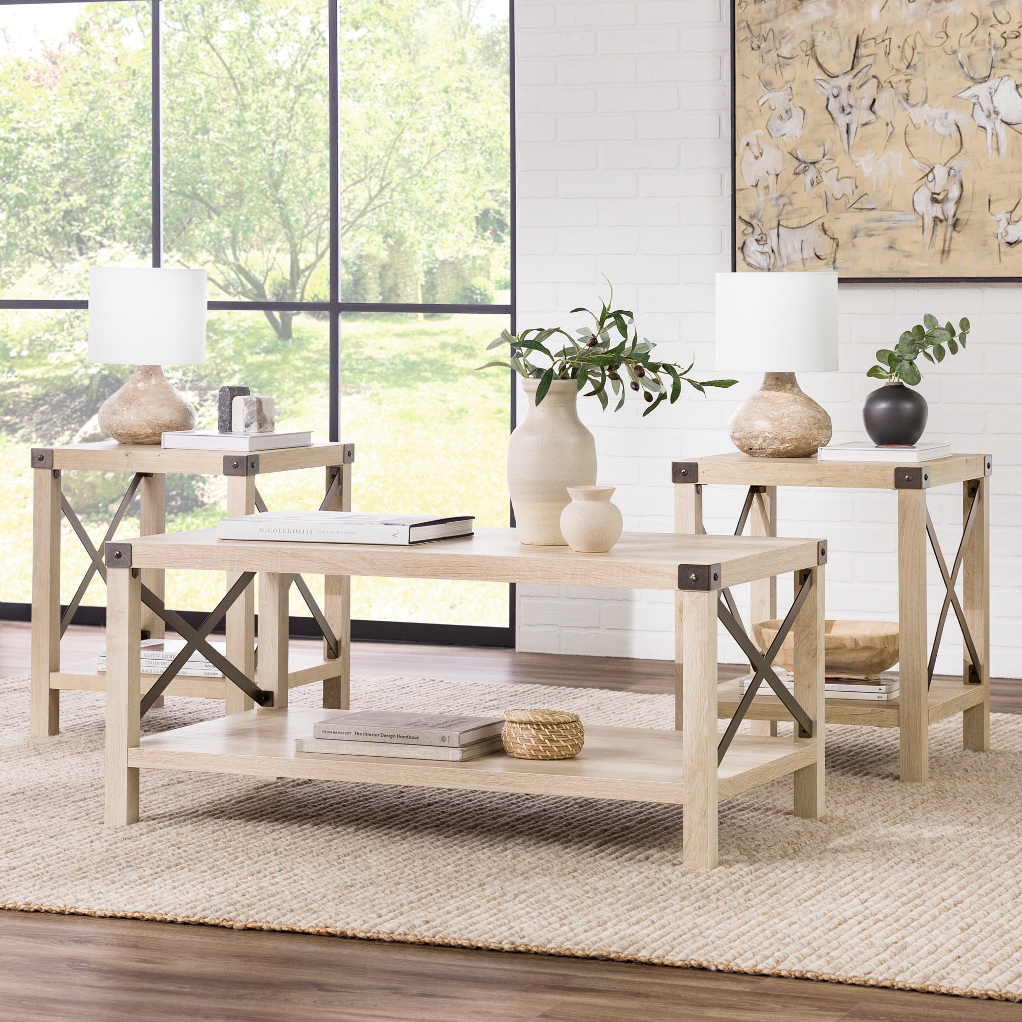 Walker Edison 3-Piece Rustic Wood & Metal Coffee Table Set - White Oak ...