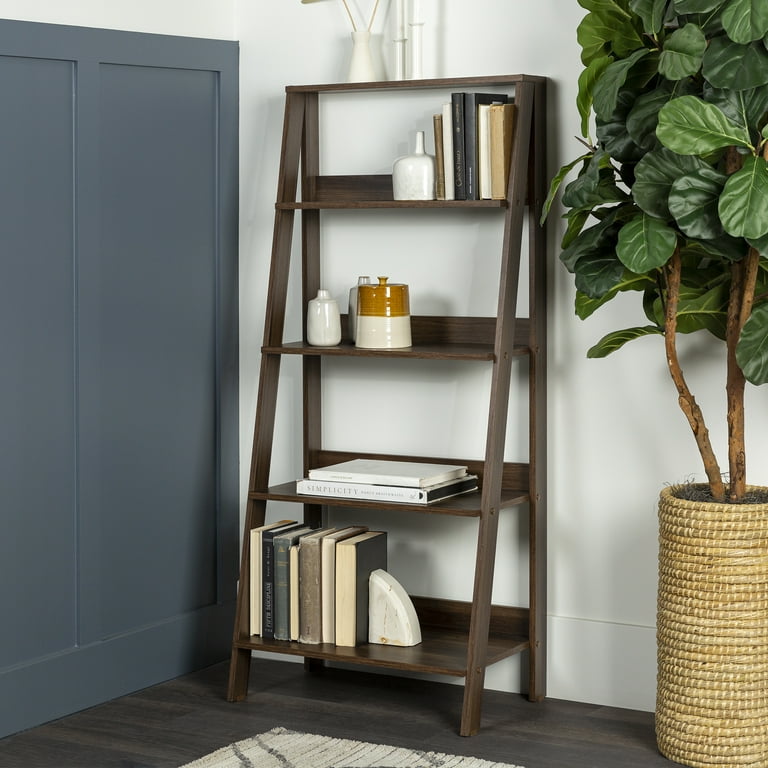 Walker Edison 4 Shelf Wood Leaning Ladder Bookshelf Dark Walnut Walmart