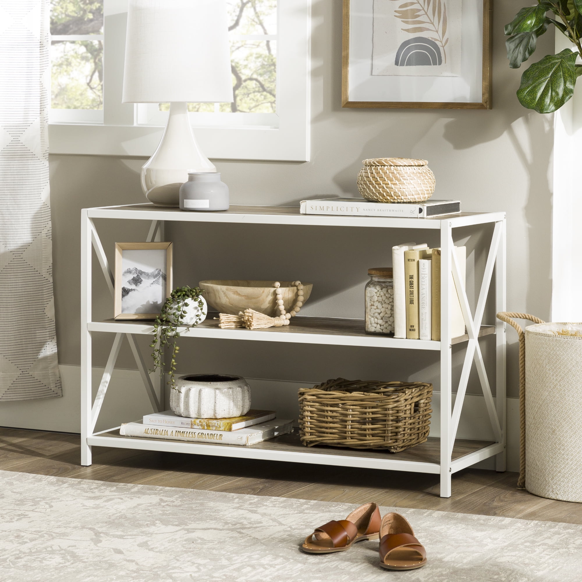 Walker Edison 40 Industrial Bookshelf Console Grey Wash White Metal ...