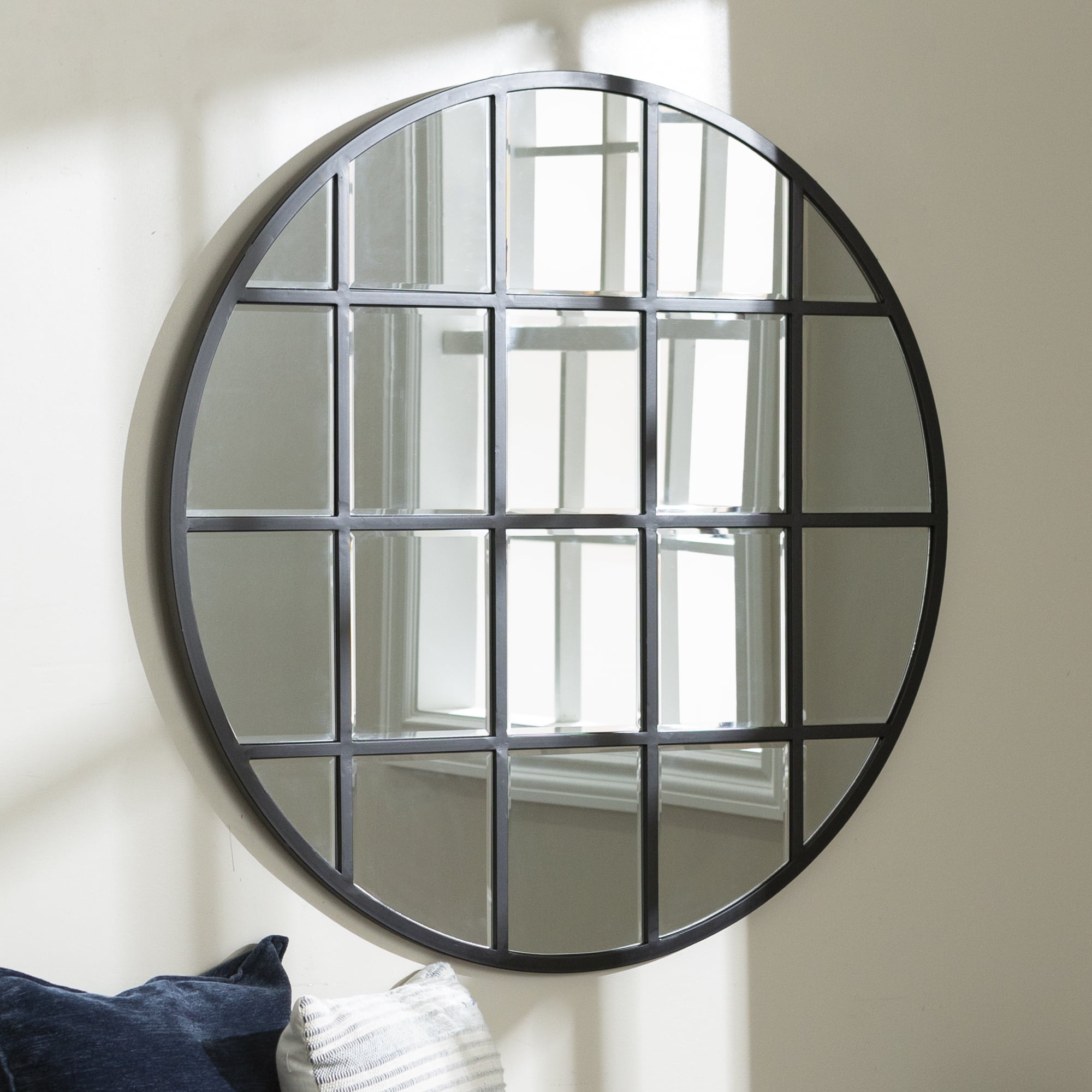 Walker Edison 40" Modern Round Beveled Window Wall Mirror, Black ...