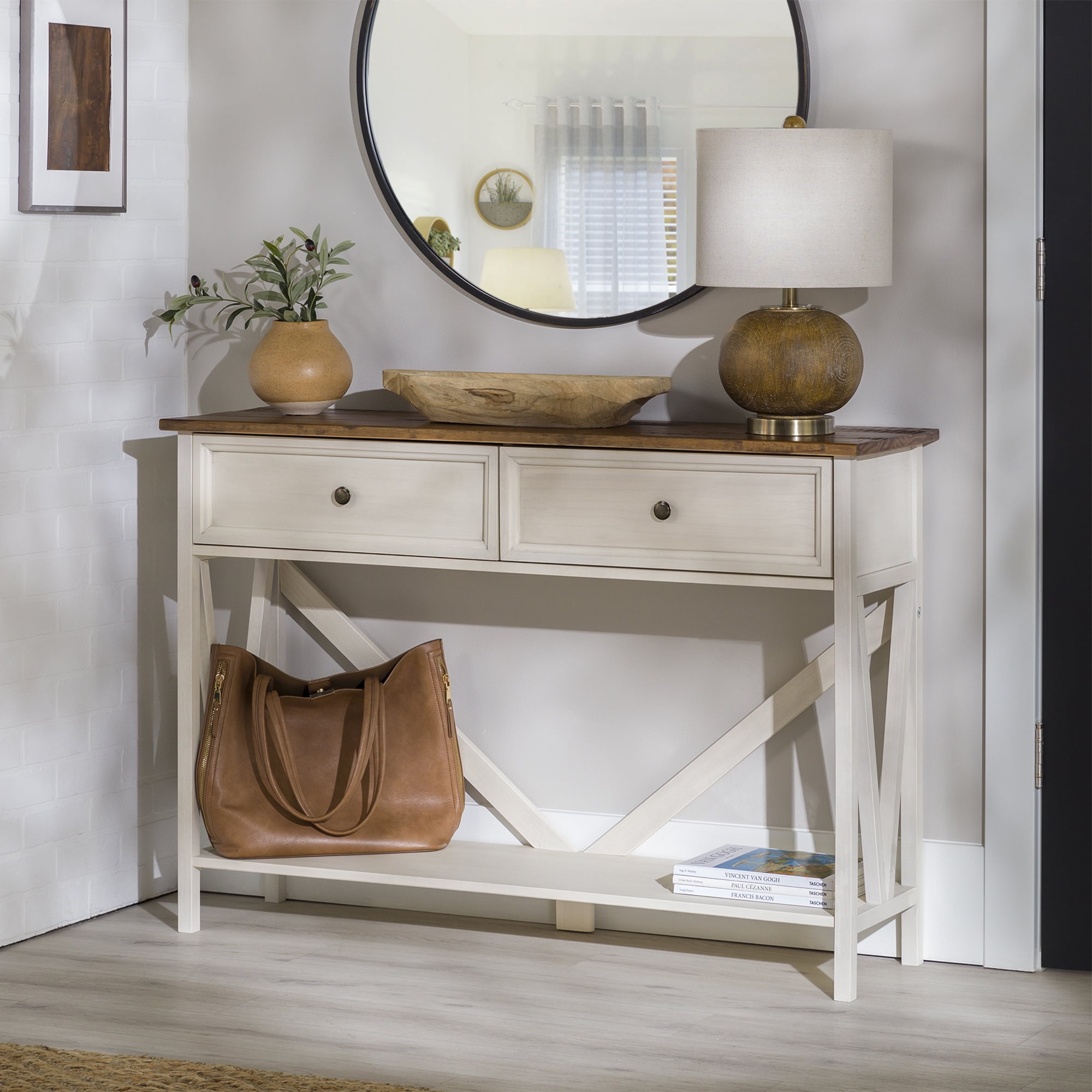 Walker Edison 48” Coastal Distressed 2-Drawer Entry Table, Rustic Oak ...