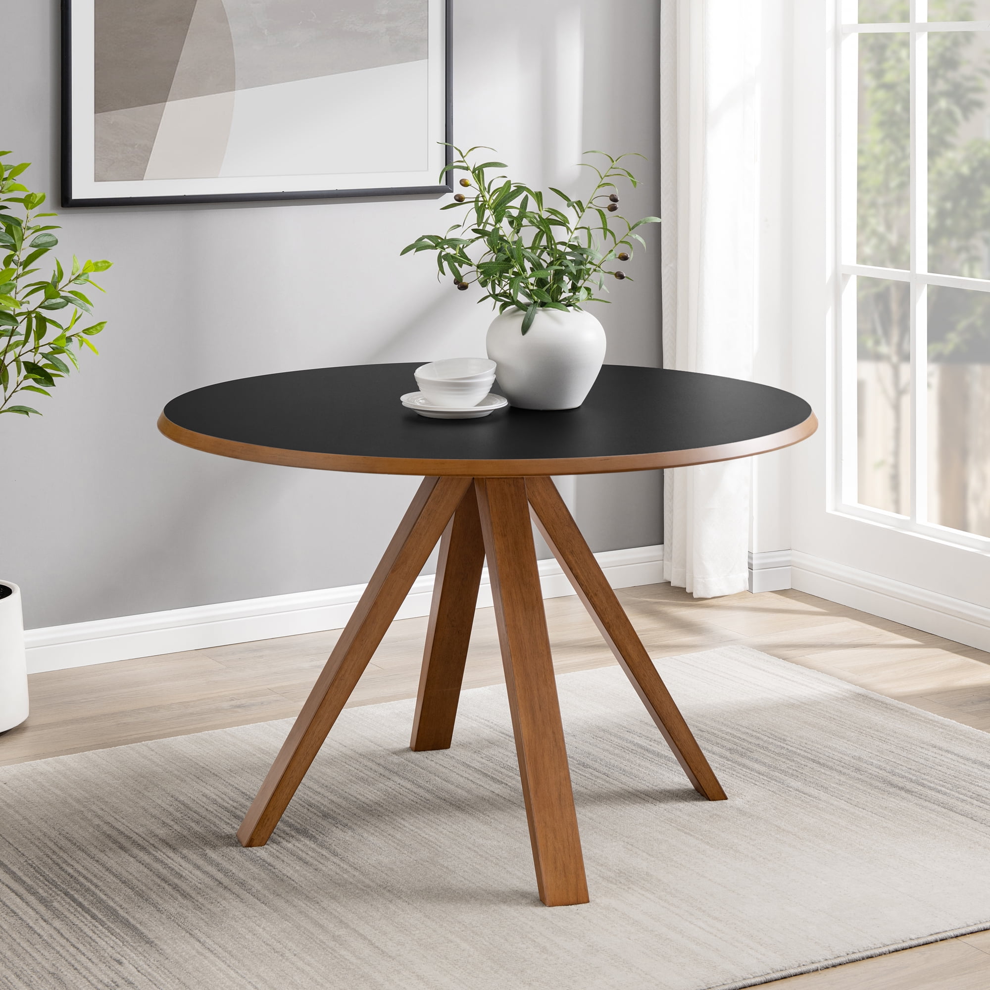 Walker Edison 48" Wood Round MCM Dining Table in Black/English Oak ...