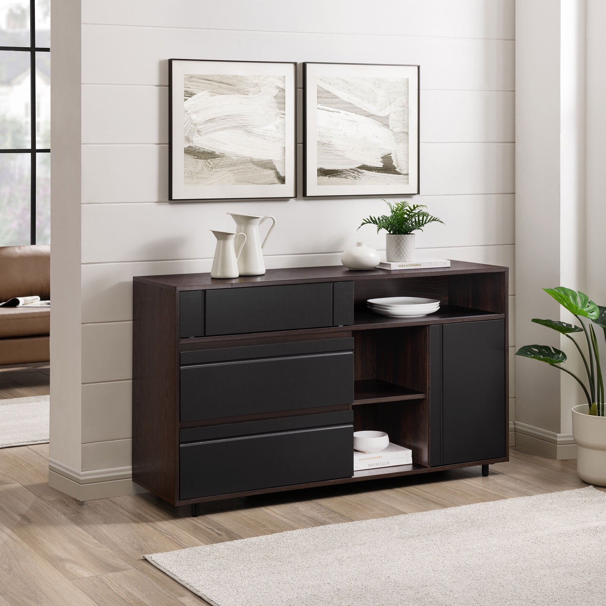 Walker Edison 52” Contemporary 3-Cubby 2-Drawer Storage Sideboard, Dark ...