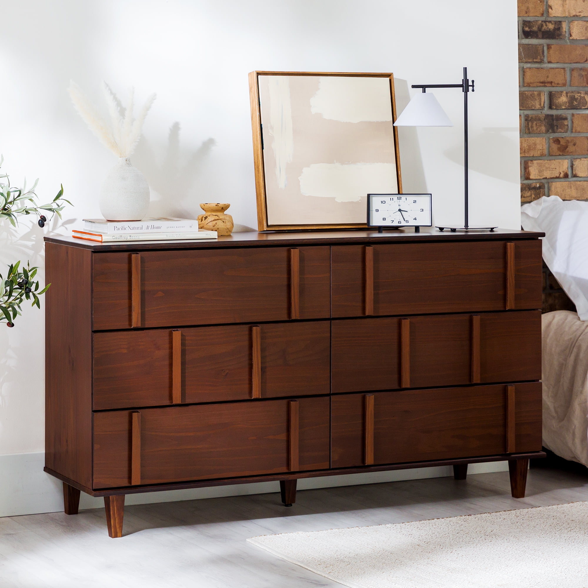 Walker Edison 60 Contemporary Vertical Drawer Pulls Solid Wood Dresser Walnut
