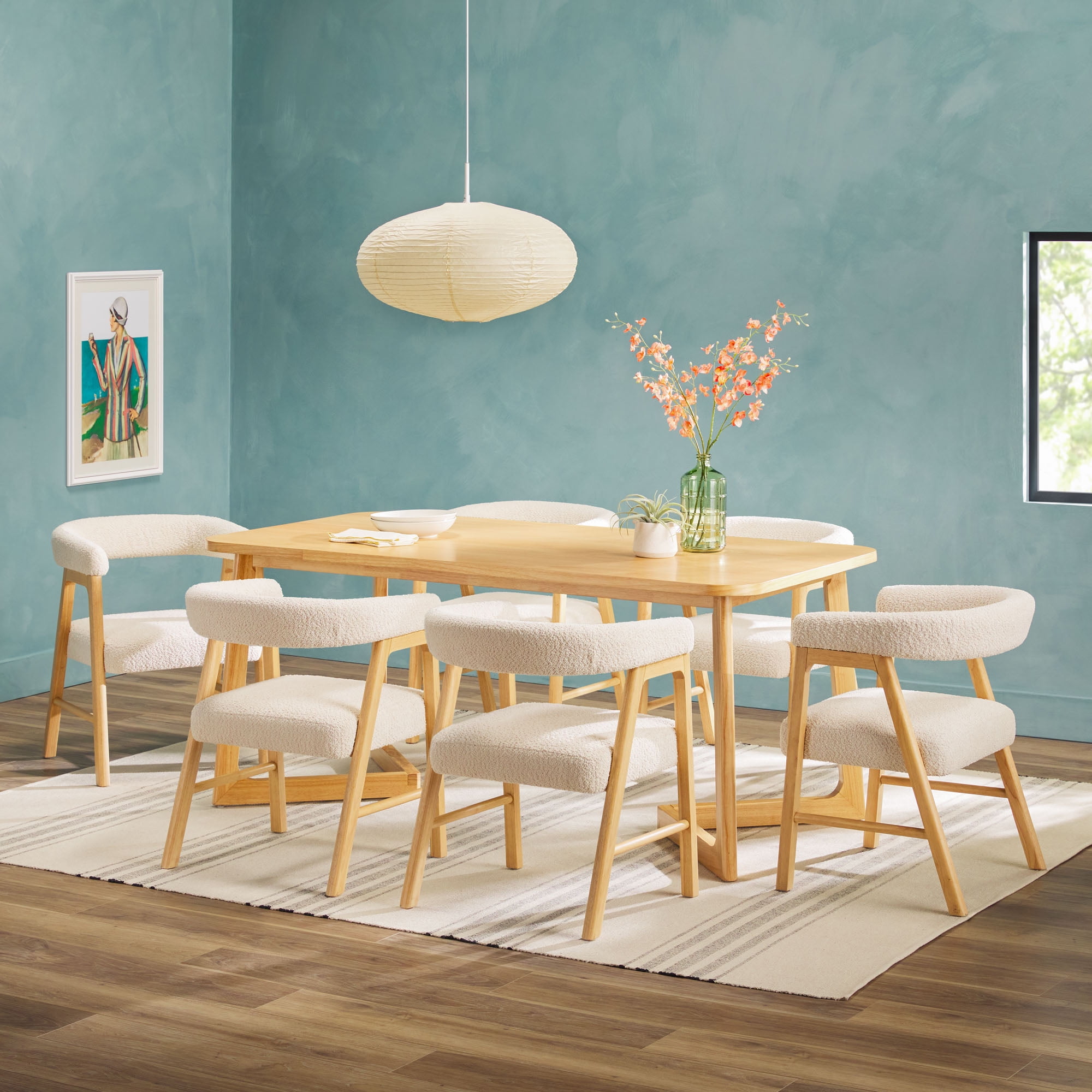 Walker Edison 7 Piece Rectangle Dining Set with Solid Wood Chairs ...