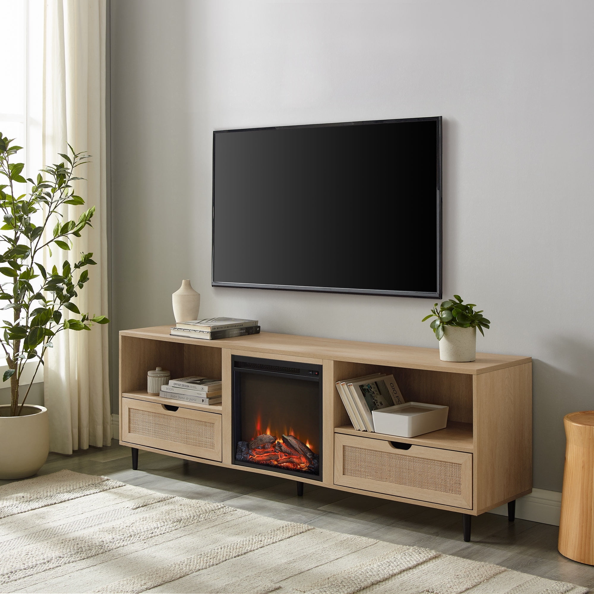 Walker Edison 70” Bohemian Wood and Rattan Electric Fireplace TV Stand ...