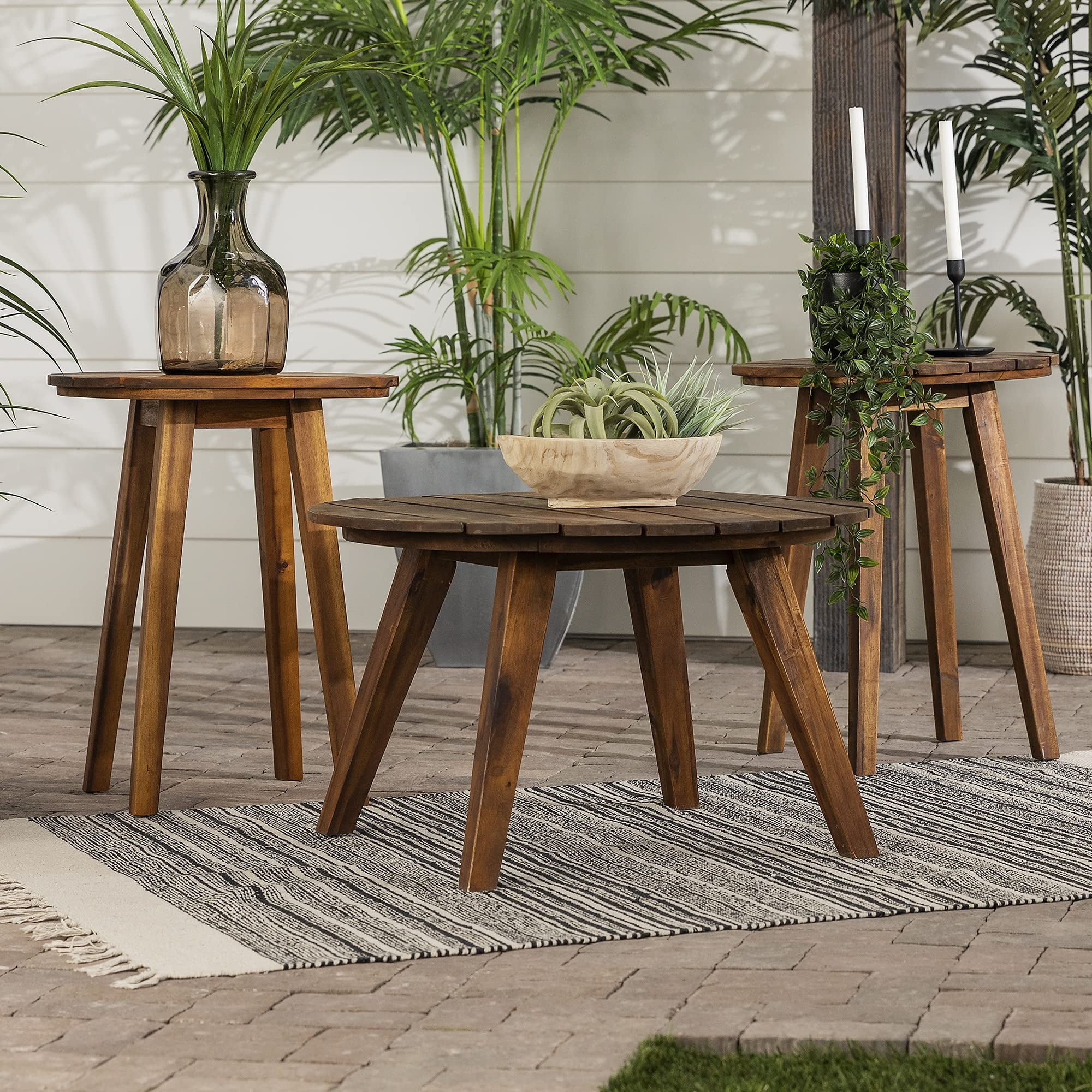3-Piece Solid Acacia Wood Round Coffee Table and End Tables in Dark ...