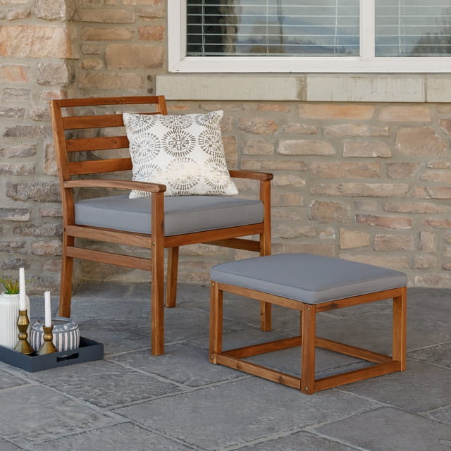 Walker Edison Acacia Wood Outdoor Patio Chair & Pull Out Ottoman ...