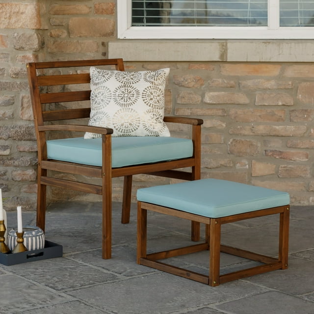 Walker Edison Acacia Wood Outdoor Patio Chair & Pull Out Ottoman - Dark ...