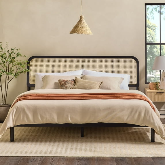 Walker Edison Boho Rattan-Panel King Platform Bedframe, Black - Walmart.com