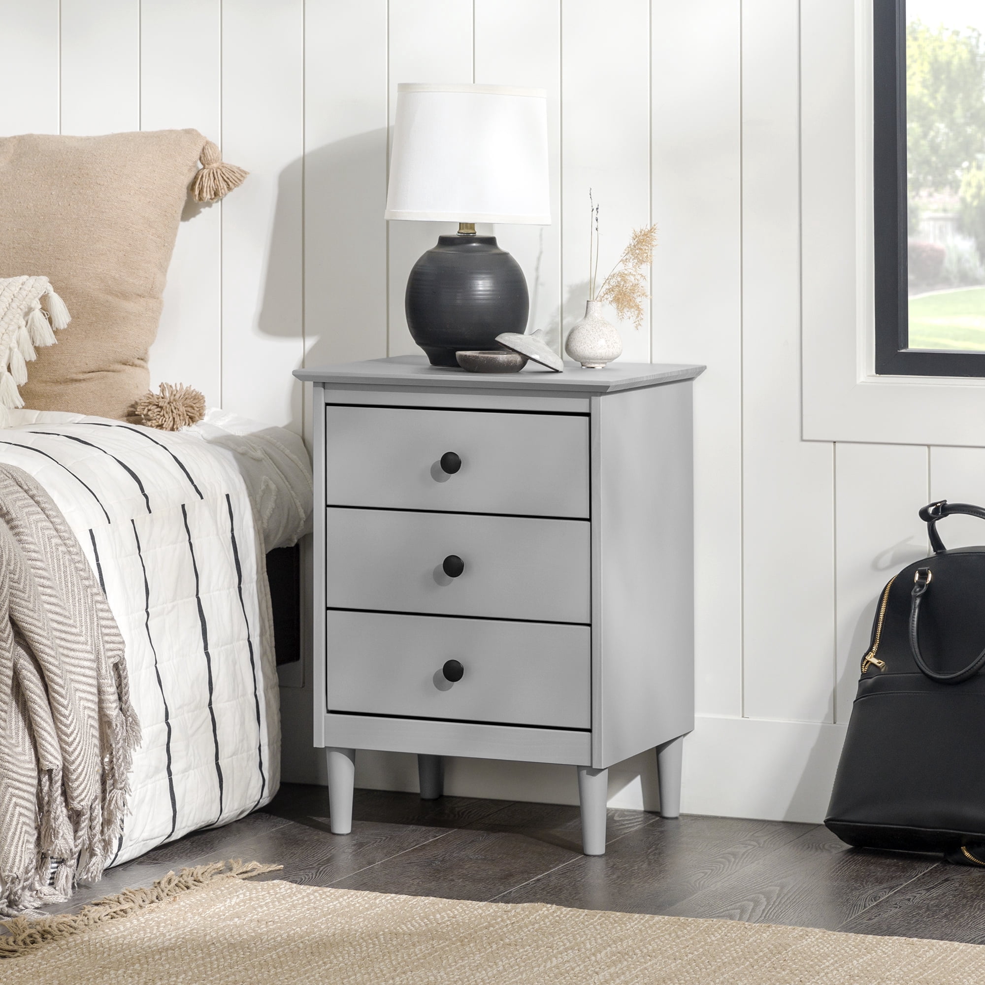 Walker Edison Classic Modern 3-Drawer Solid Wood Nightstand, Grey ...