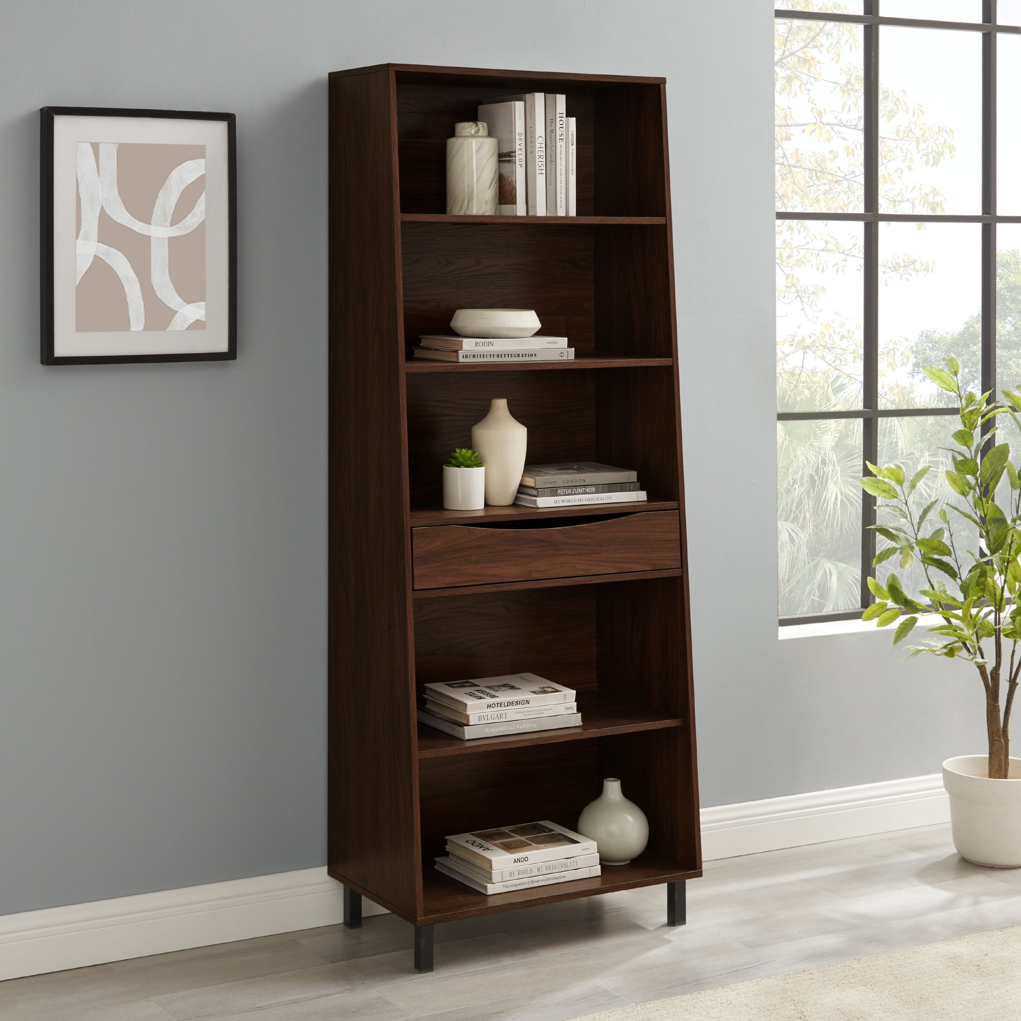 Walker Edison Contemporary 1-Drawer Angled Bookshelf, Dark Walnut ...