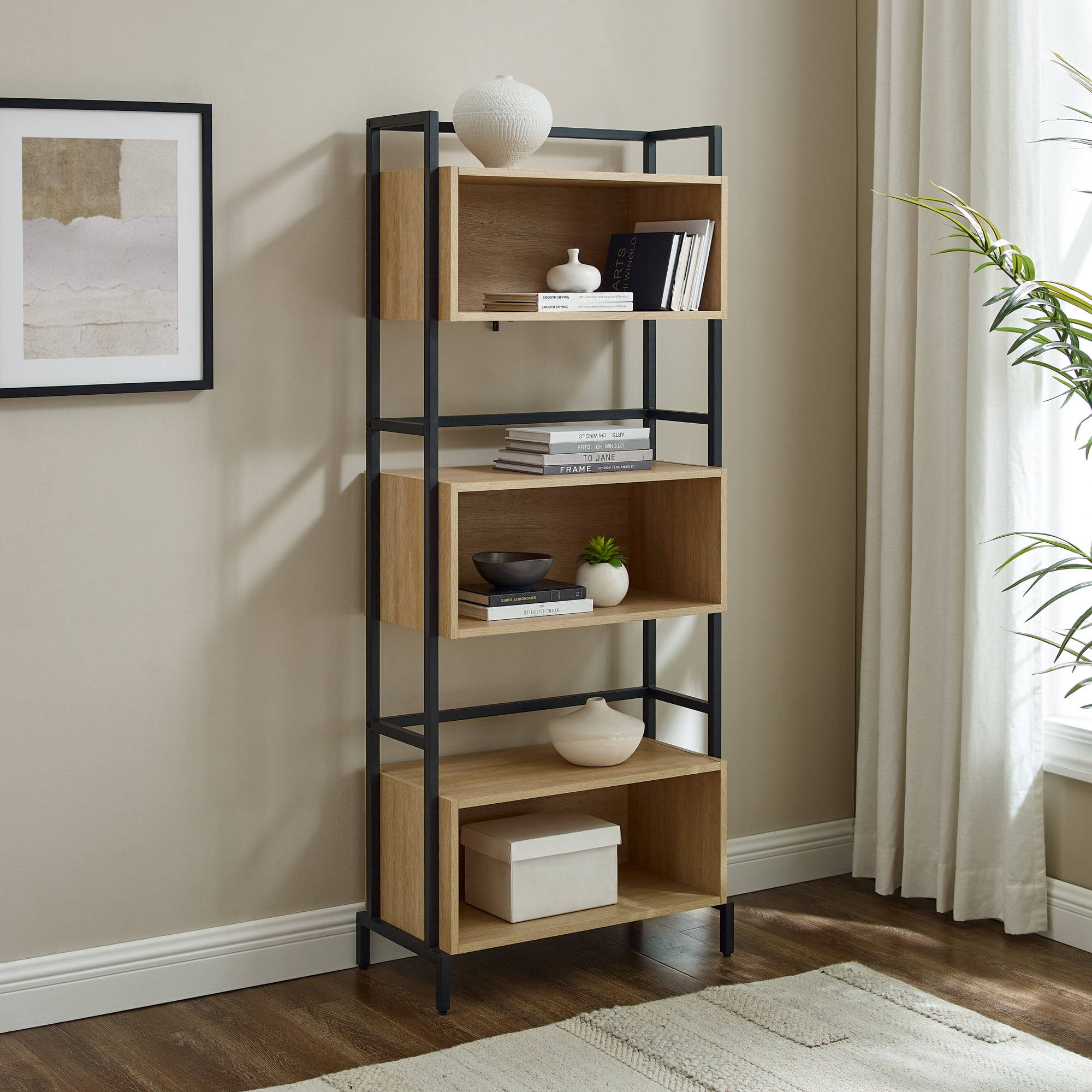 Walker Edison Contemporary 64" Metal and Wood 3-Cubby Bookshelf ...