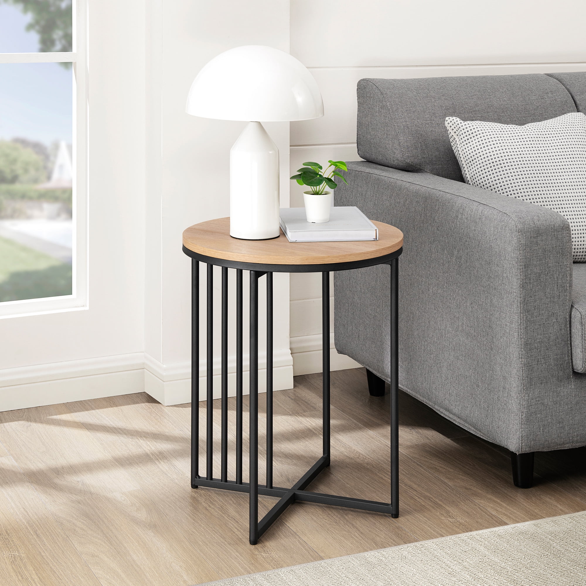 Walker Edison Contemporary Metal Slatted Round Side Table, Coastal Oak ...
