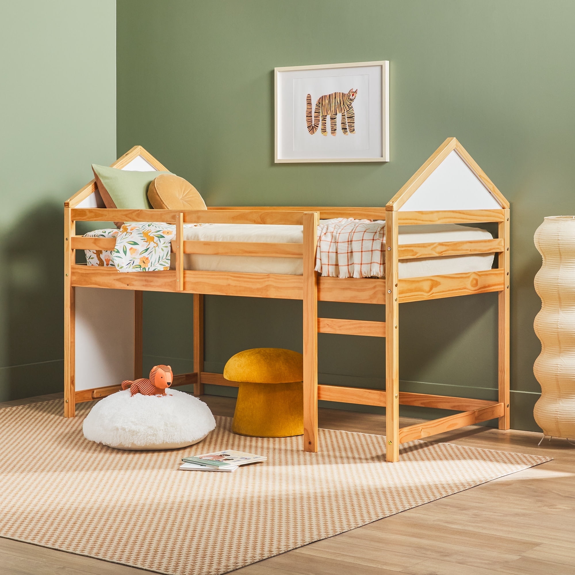 Walker Edison Contemporary Twin Low Loft Wooden Bed, Natural Pine ...