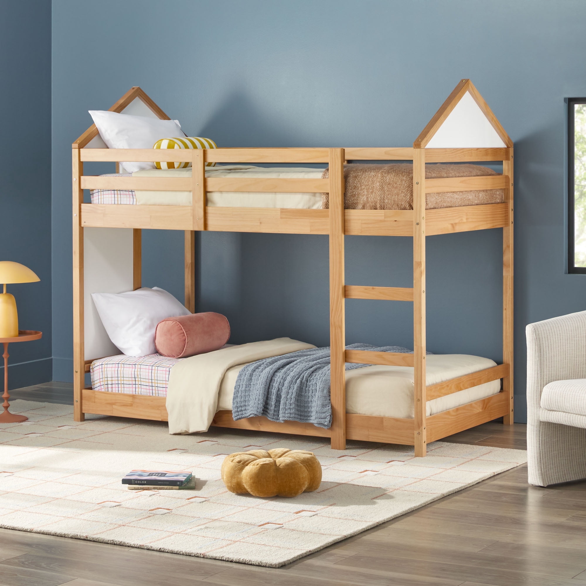 Walker Edison Contemporary Twin over Twin Wooden Bunk Bed, Natural Pine ...