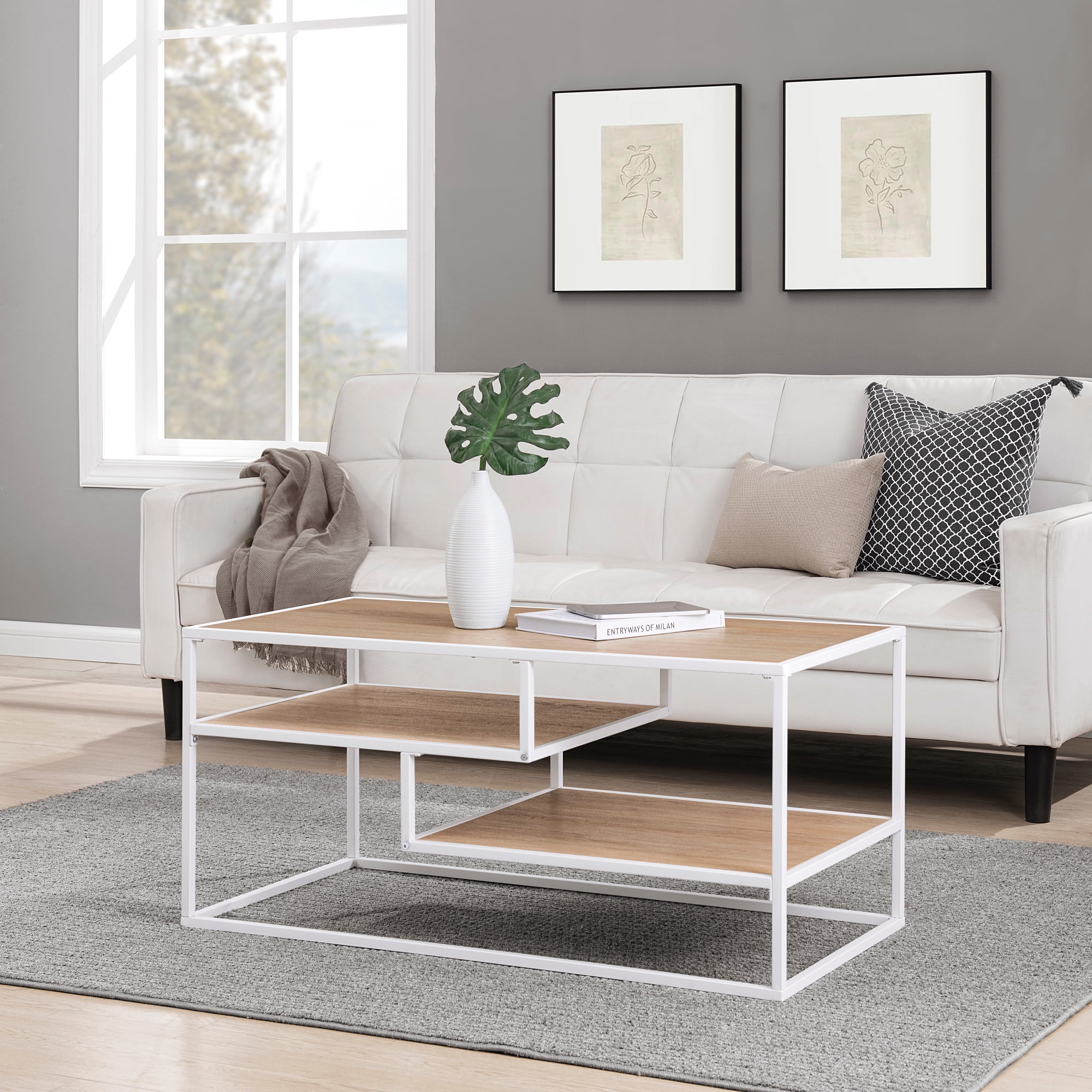 Walker Edison Contemporary Wood and Metal Tiered Coffee Table, Coastal ...