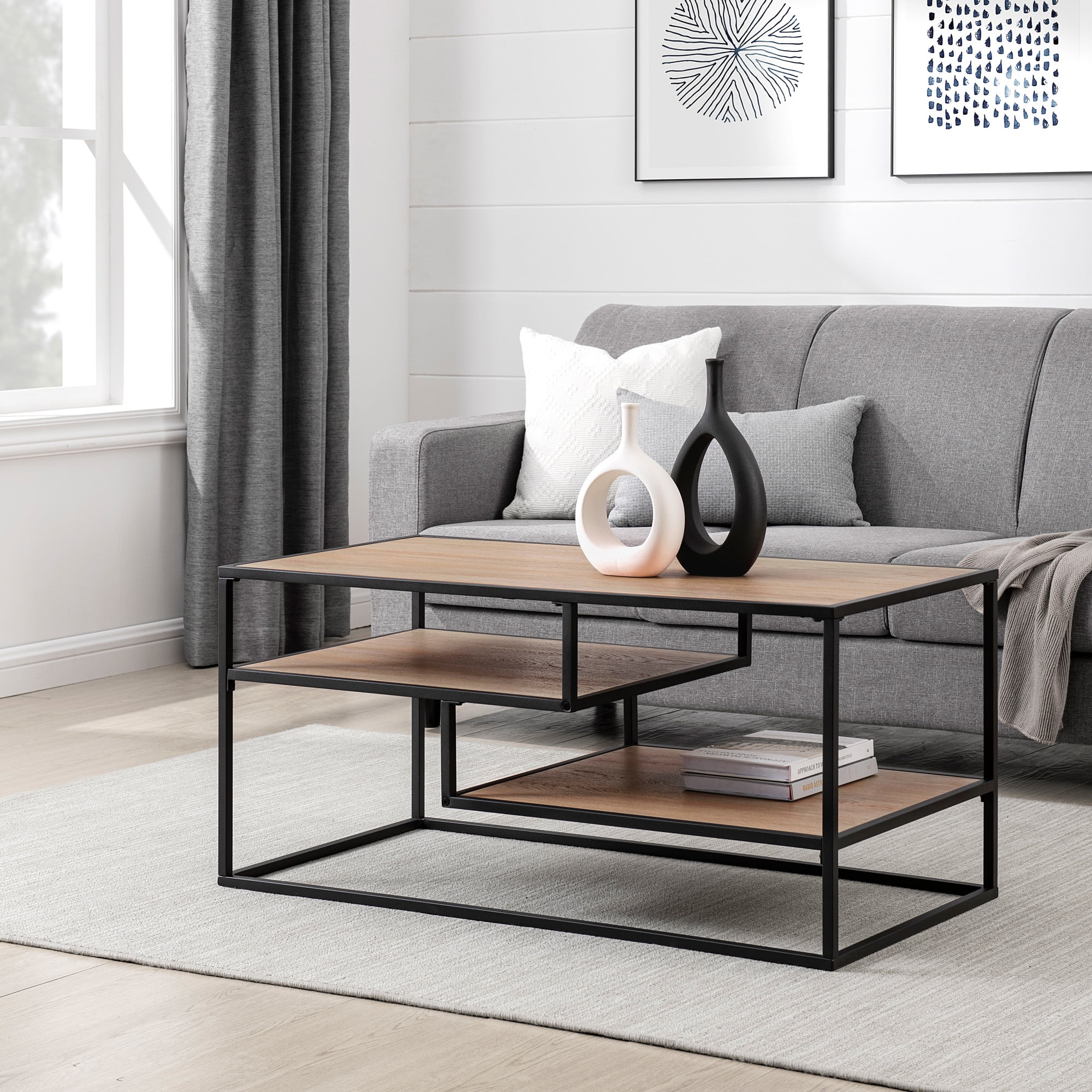 Walker Edison Contemporary Wood and Metal Tiered Coffee Table, Coastal ...