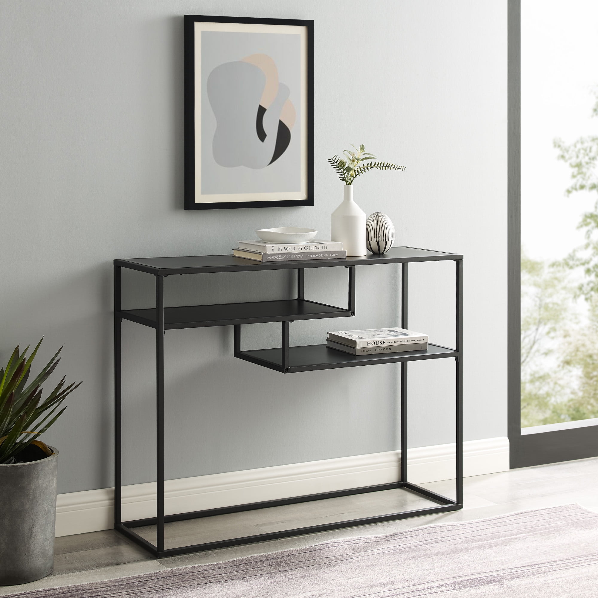 Walker Edison Contemporary Wood and Metal Tiered Entryway Table, Black ...