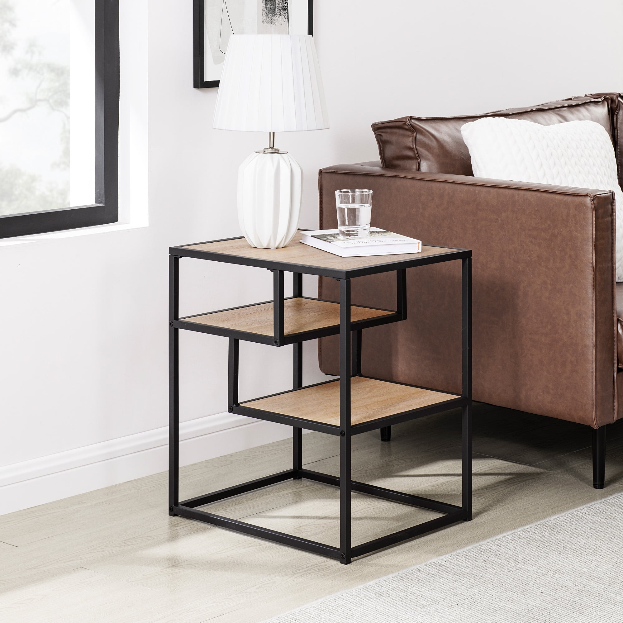 Walker Edison Contemporary Wood and Metal Tiered Side Table, Coastal ...
