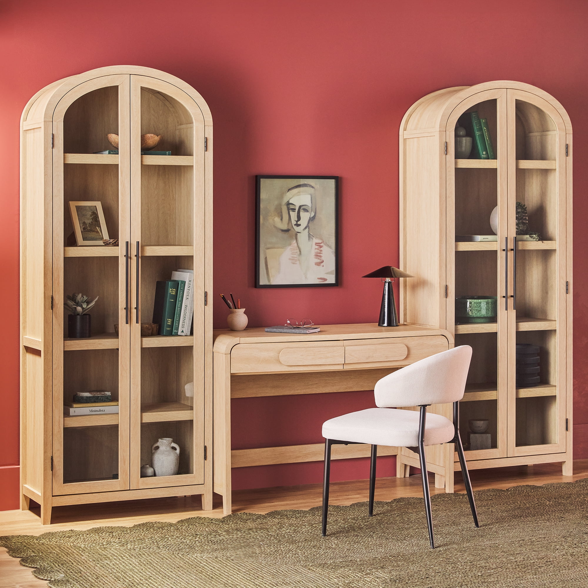 Walker Edison Desk with 2 Tall Glass Bookcases, Set of 3, Coastal Oak ...