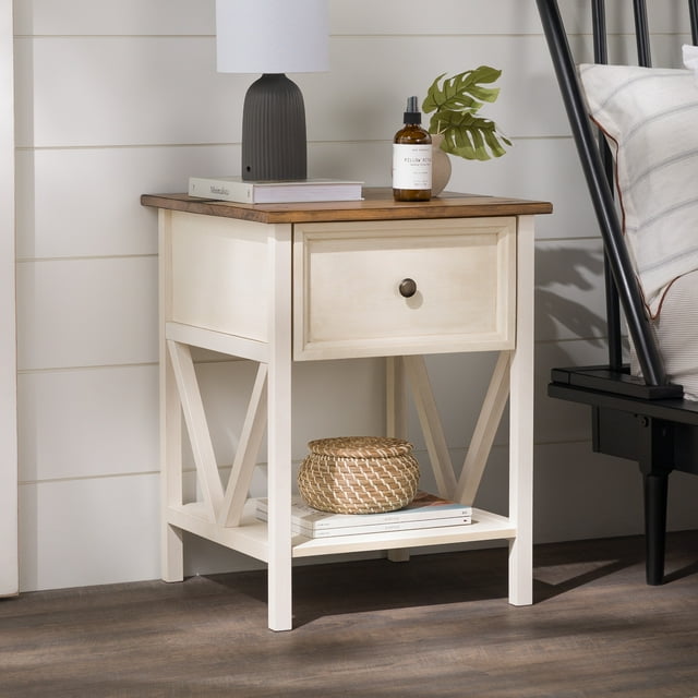 Walker Edison Farmhouse Drawer Side Table - White & Barnwood - Walmart.com