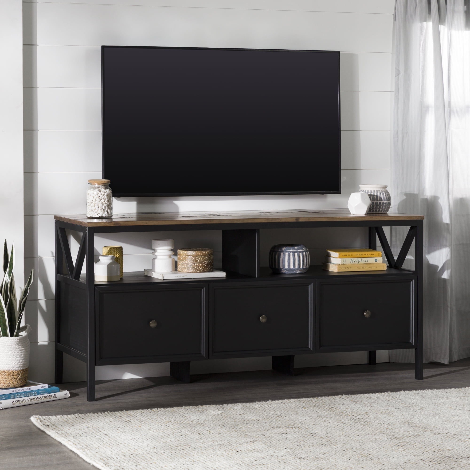 Walker Edison Farmhouse 3 Drawer 60" TV Stand, Rustic Oak/Black ...
