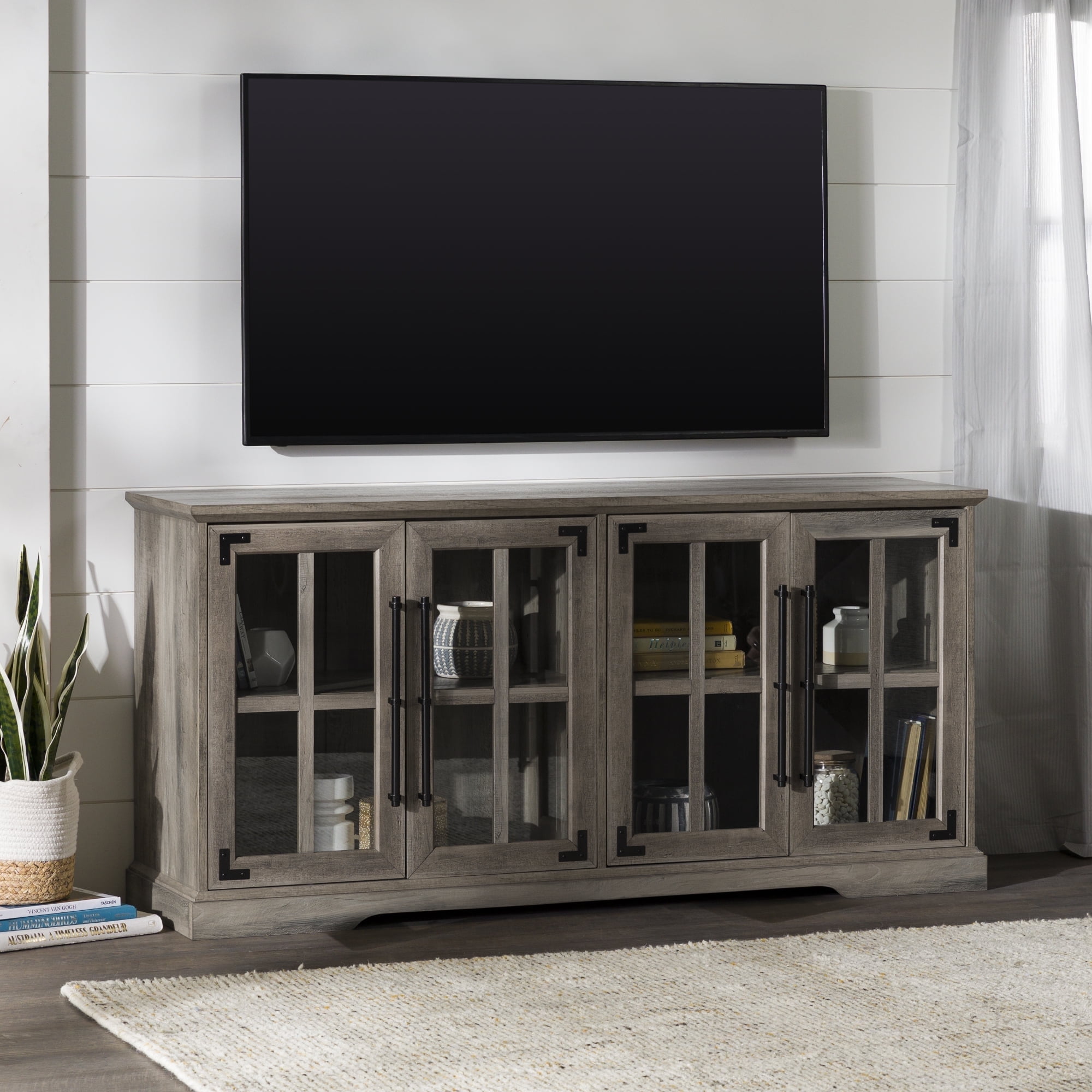 Walker Edison Farmhouse 4-Door TV Stand for TVs up to 65", Grey Wash ...