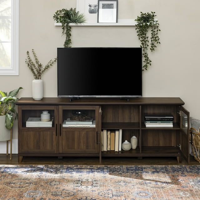 Walker Edison Farmhouse 4 Door TV Stand for TVs up to 78", Dark Walnut ...