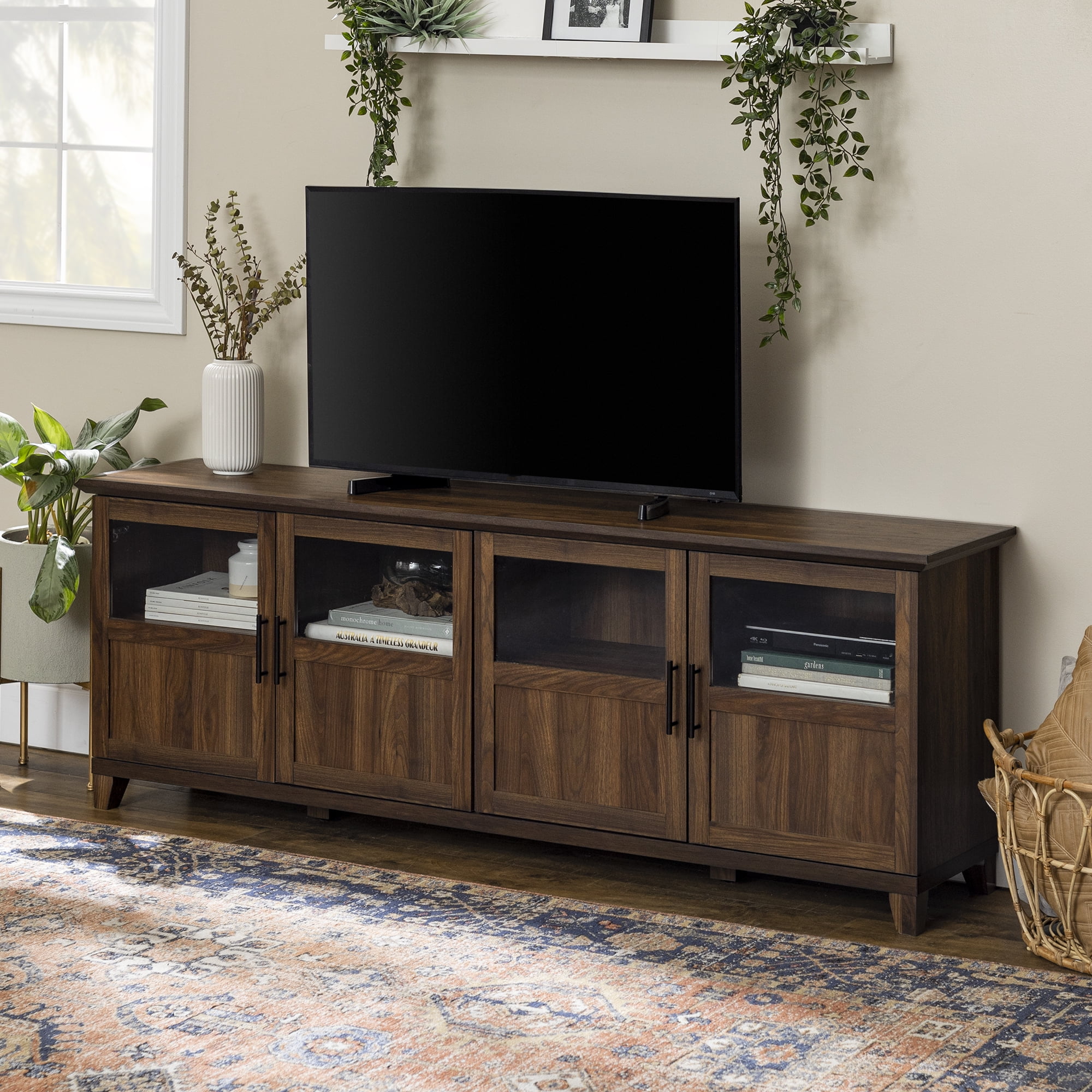 Walker Edison Farmhouse 4 Door TV Stand for TVs up to 78", Dark Walnut ...