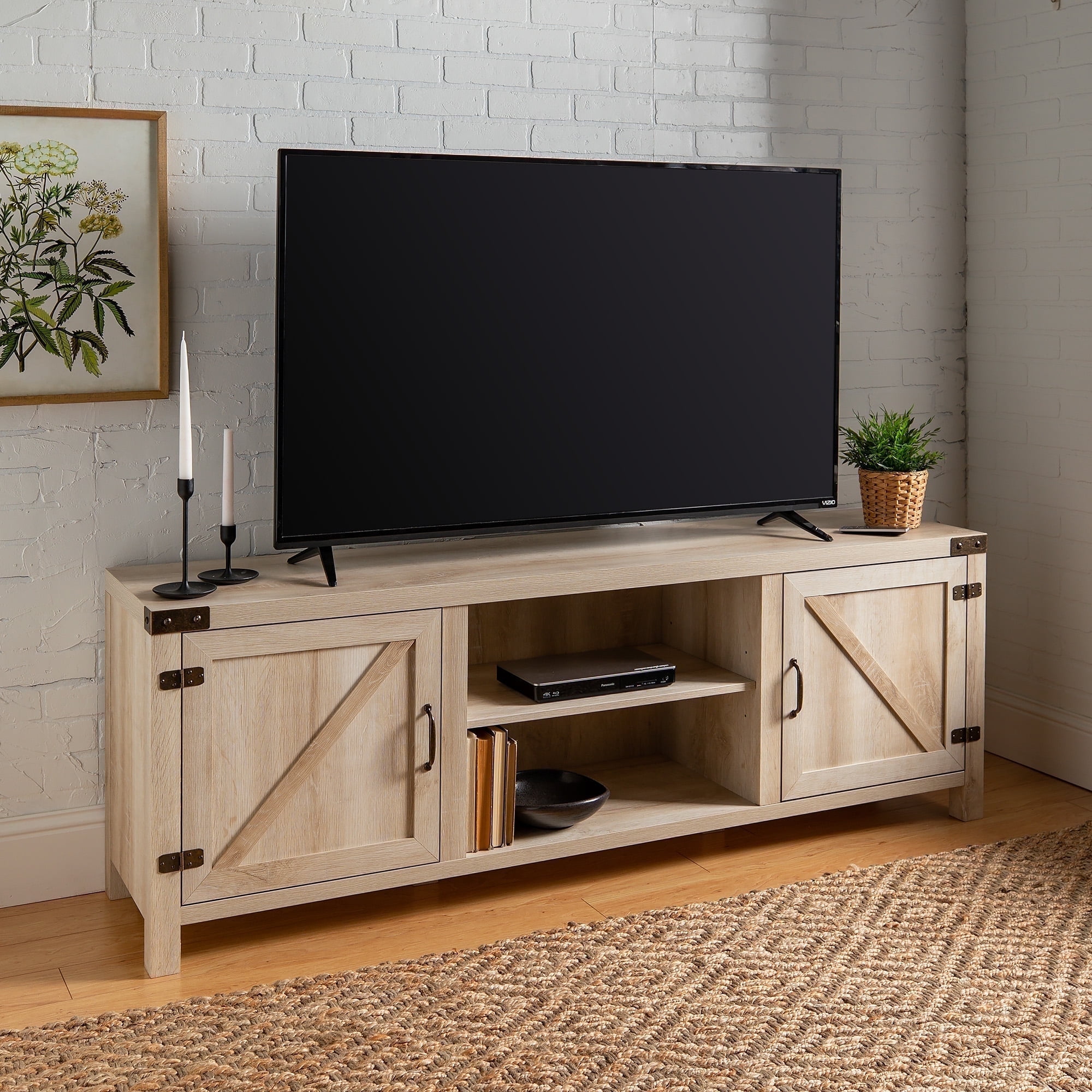 Walker Edison Farmhouse Barn Door TV Stand for TVs up to 80", White Oak ...