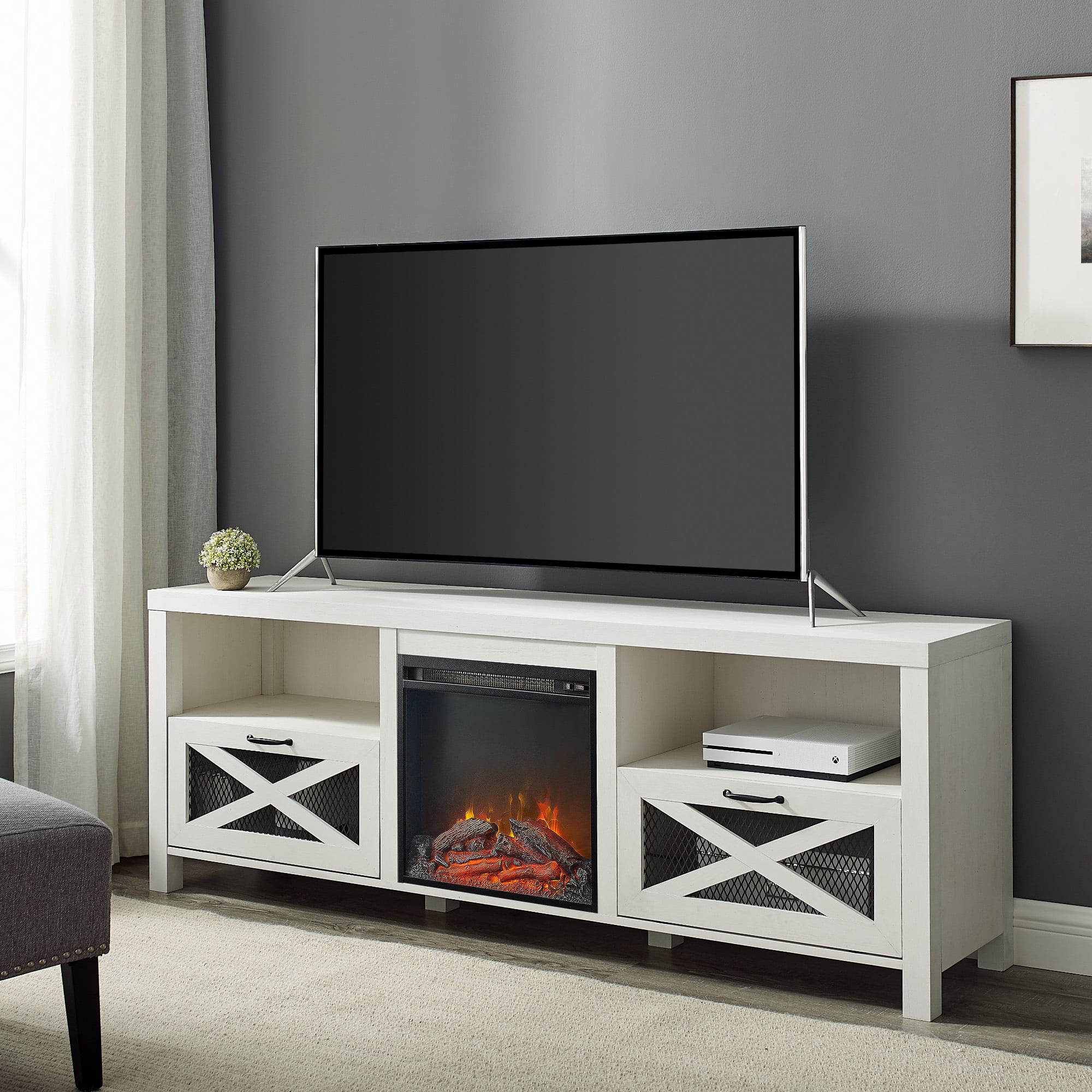 Walker Edison Farmhouse Drop-Door Fireplace TV Stand, White - Walmart.com