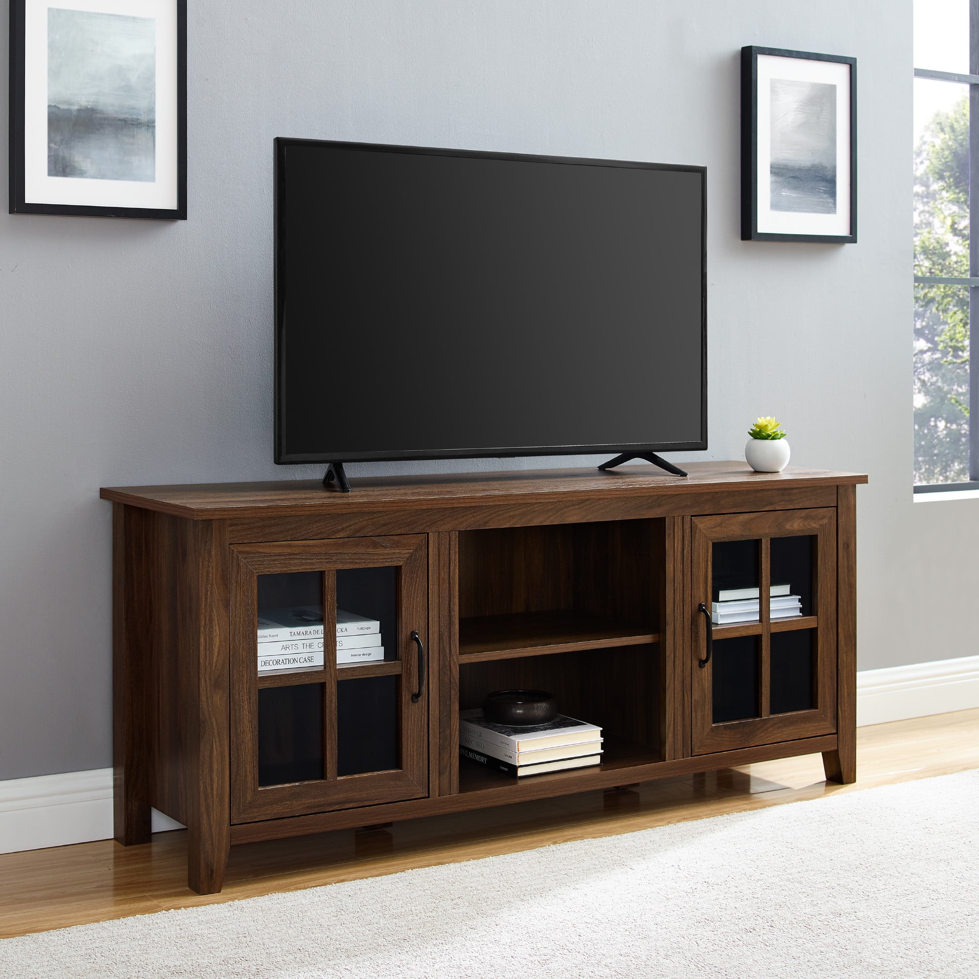 Walker Edison Farmhouse Glass Door TV Stand, Dark Walnut - Walmart.com
