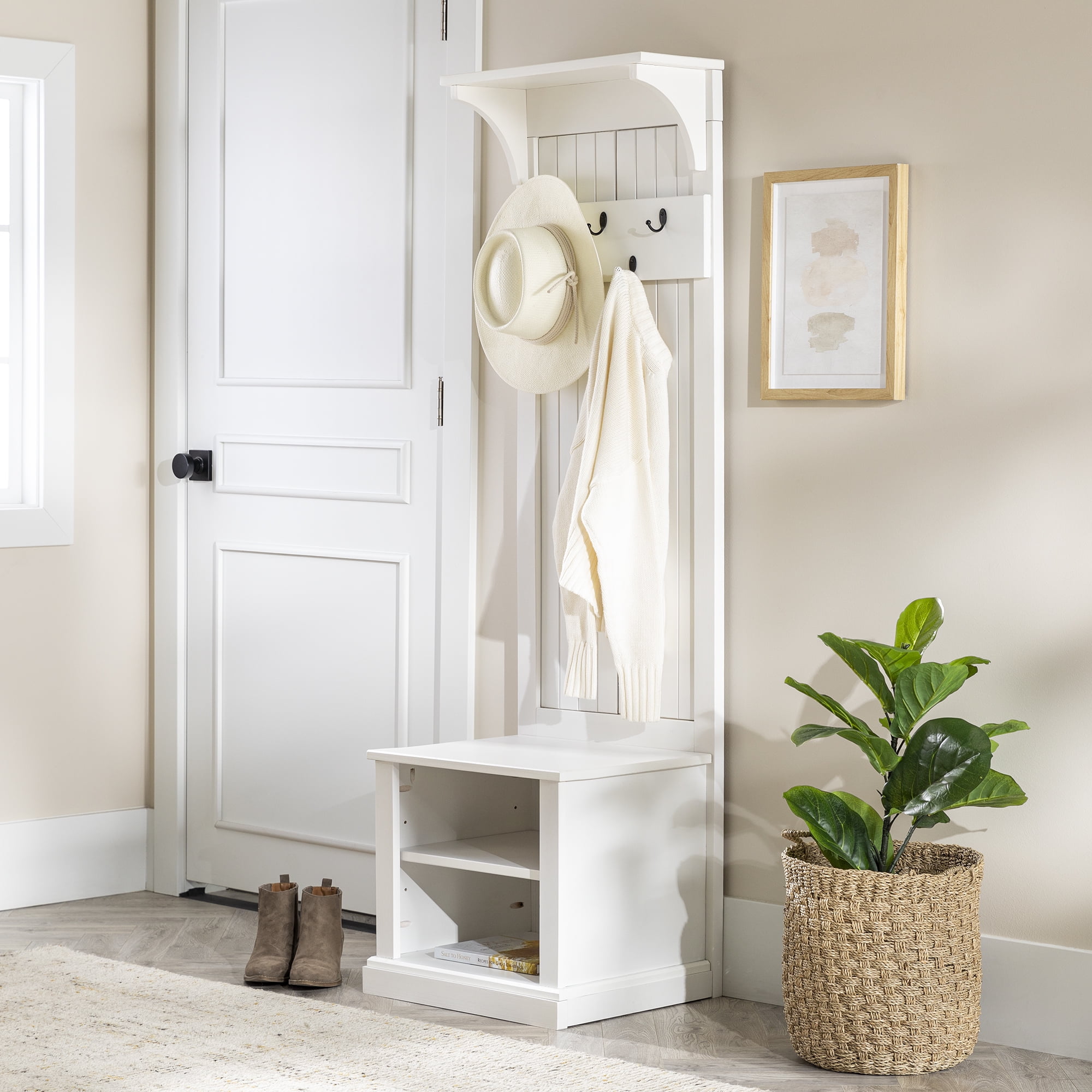 Walker Edison Farmhouse Grooved Solid Wood Hall Tree, White - Walmart.com