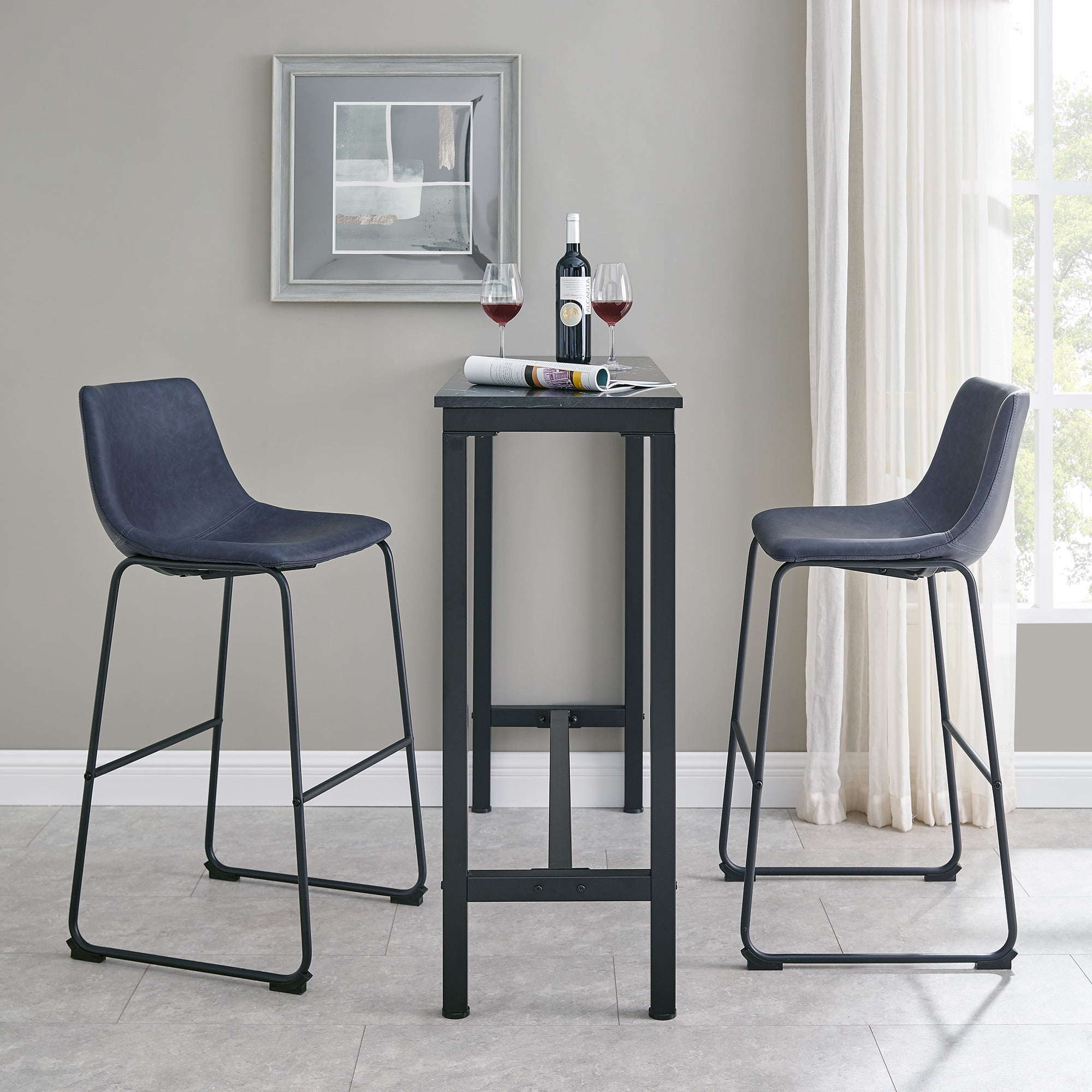 Walker Edison Full Back Faux Leather Navy Bar Stools, Set of 2 ...