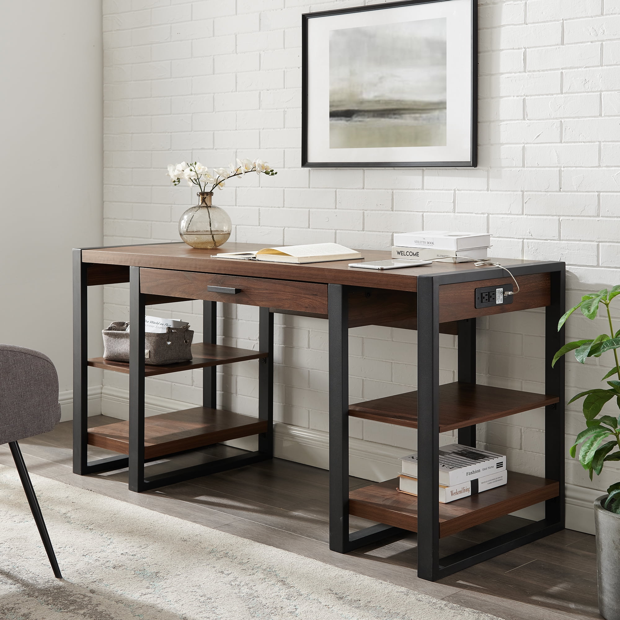 Walker Edison Industrial 4-Shelf Computer Desk with USB Port, Dark ...