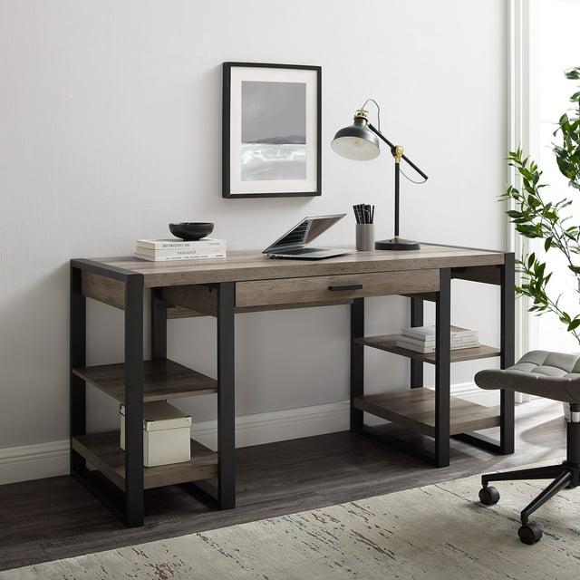 Walker Edison Industrial 4-Shelf Computer Desk with USB Port, Grey Wash ...