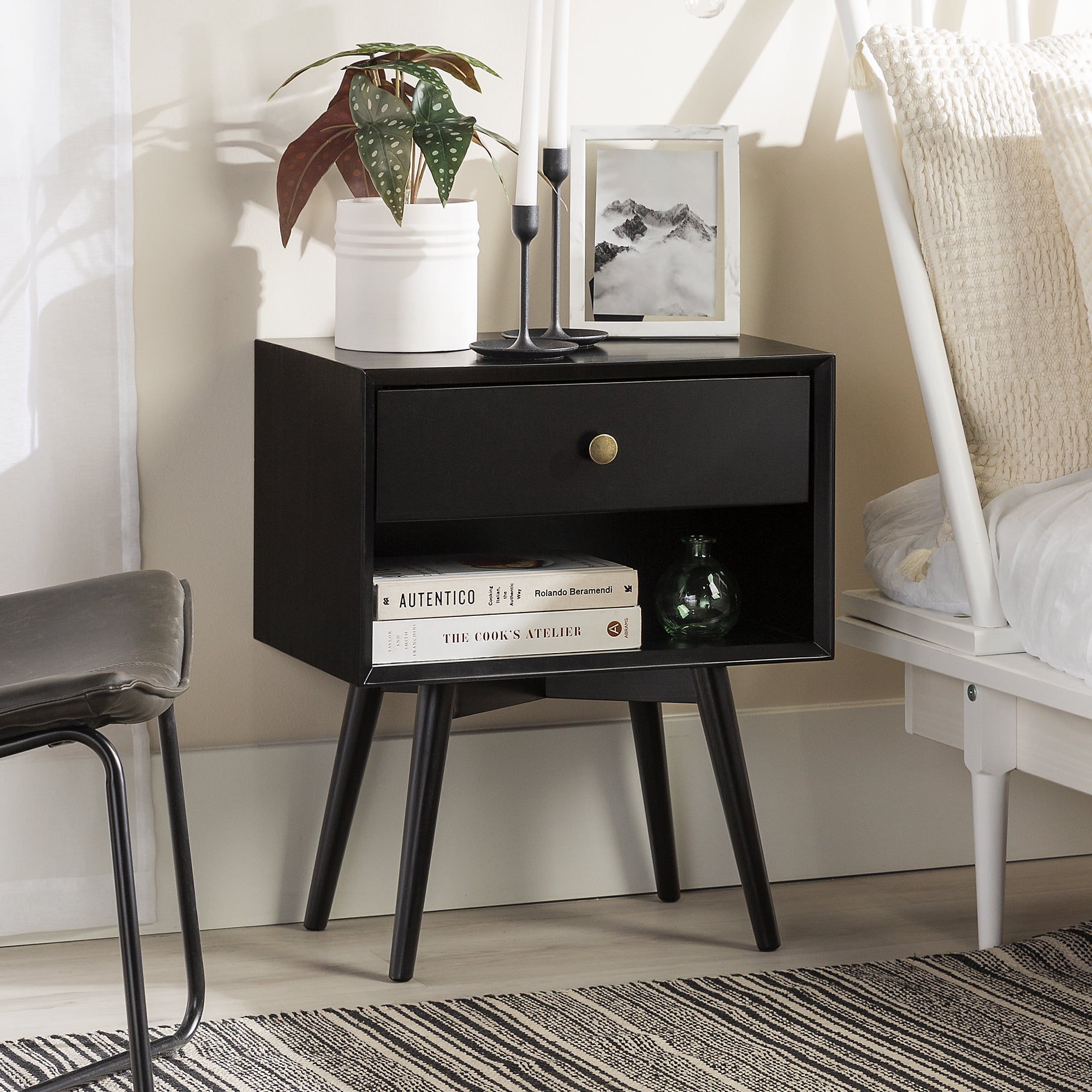 Walker Edison Mid Century Modern 1 Drawer Nightstand, Black - Walmart.com