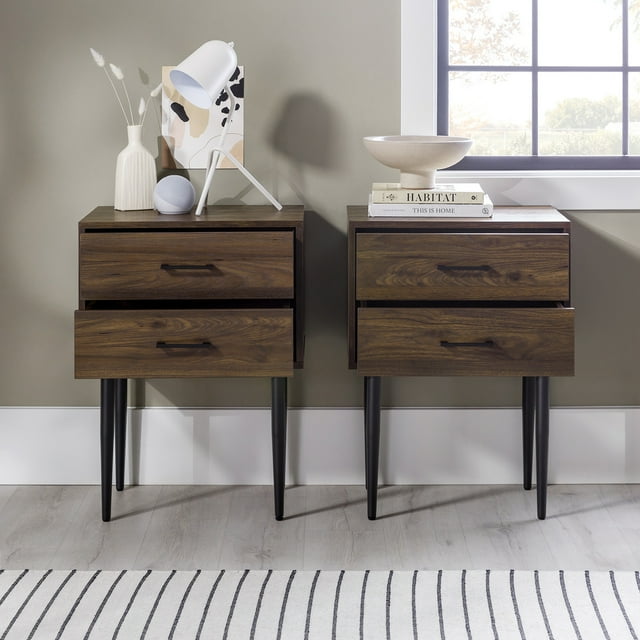 Walker Edison Mid Century Modern 2 Drawer Side Table, Set of 2, Dark ...