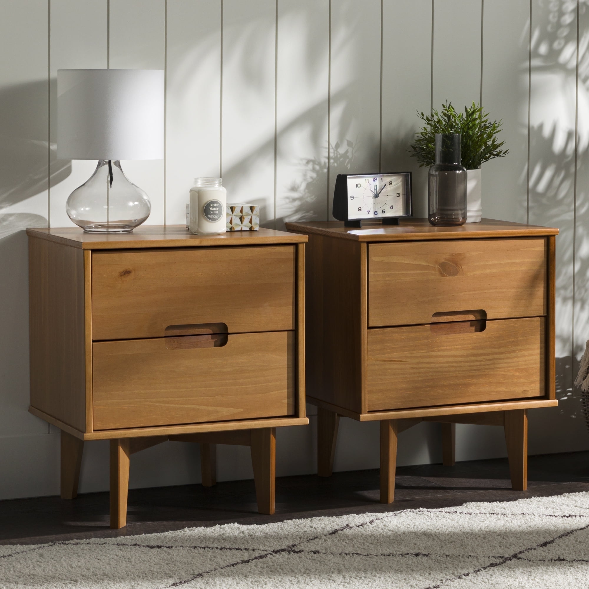 Walker Edison Mid-Century Modern 2-Drawer Solid Wood Nightstands ...