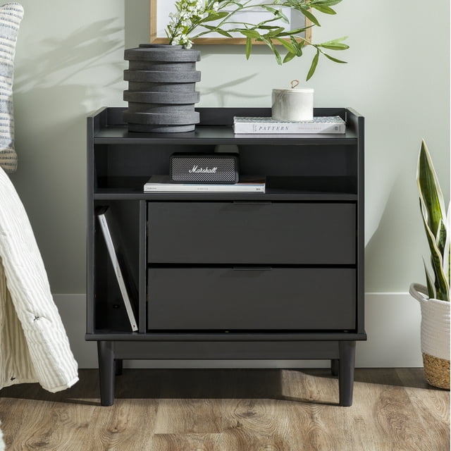 Walker Edison Mid-Century Modern 2-Drawer Wood Nightstand, Solid Black ... Walker Edison Mid-Century Modern 2-Drawer Wood Nightstand, Solid Black ...