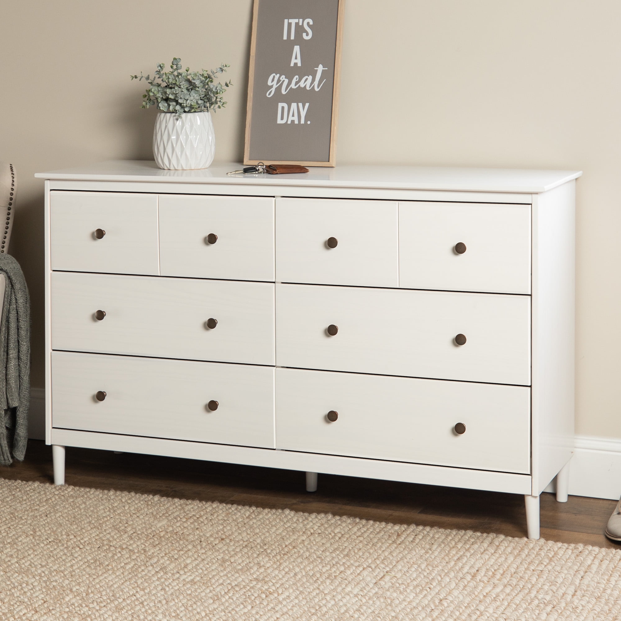 Walker Edison Mid-Century Modern 6-Drawer Solid Wood Dresser, White ...