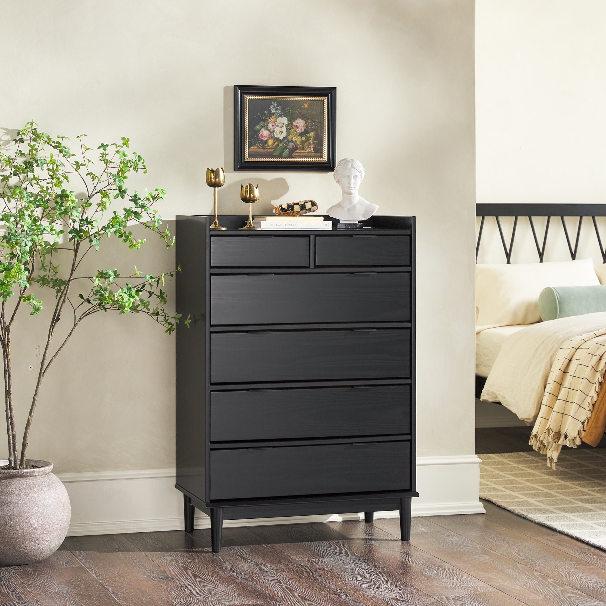 Walker Edison Mid-Century Modern 6-Drawer Wood Dresser, Solid Black ...